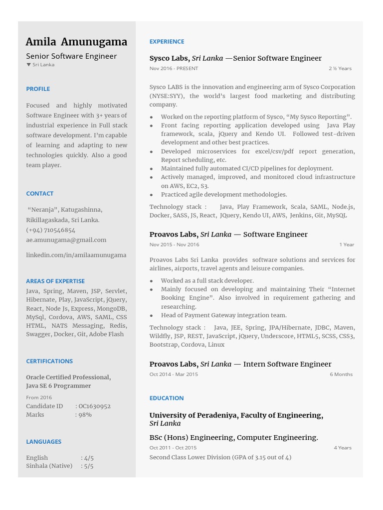 AmilaAmunugama CV | PDF | Software Engineering | Computing
