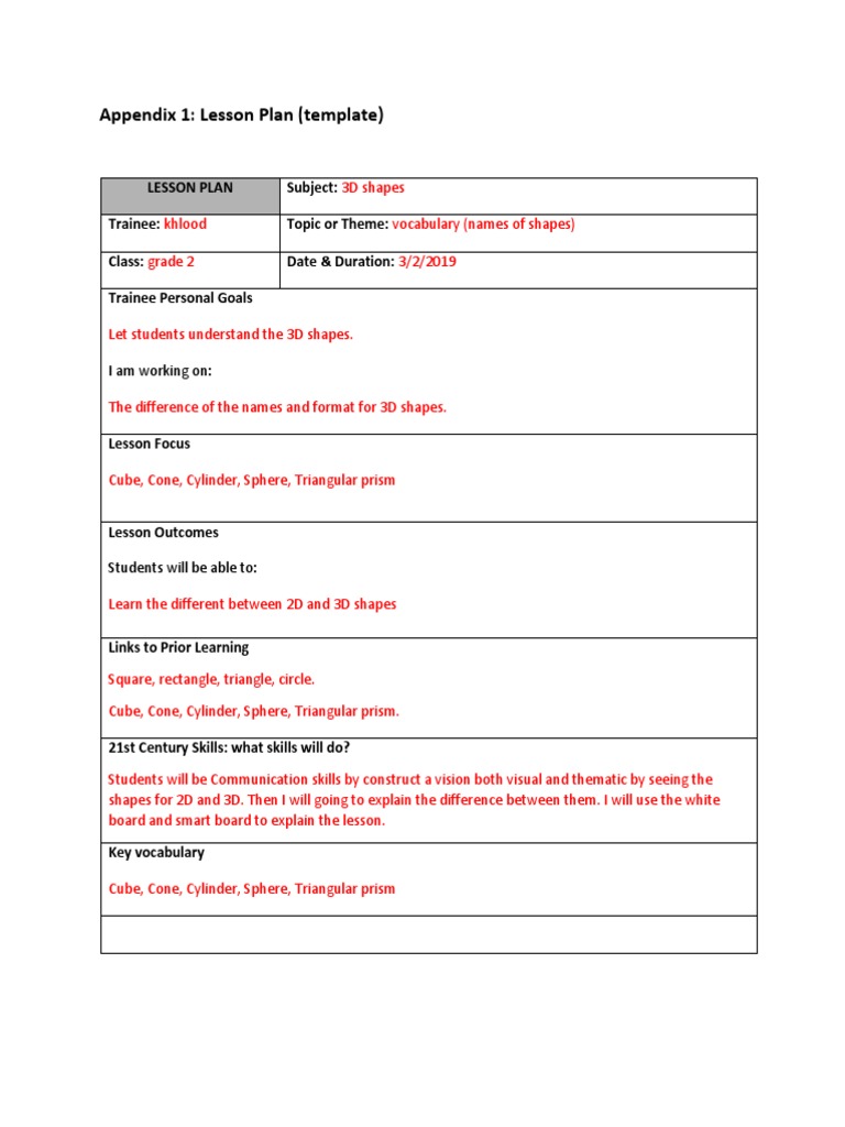 Appendix 2 Lesson Plan | Download Free PDF | Lesson Plan | Educational ...
