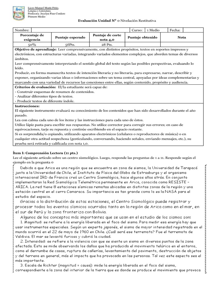Evaluación de comprensión lectora sobre sismos y el Centro Sismológico ...