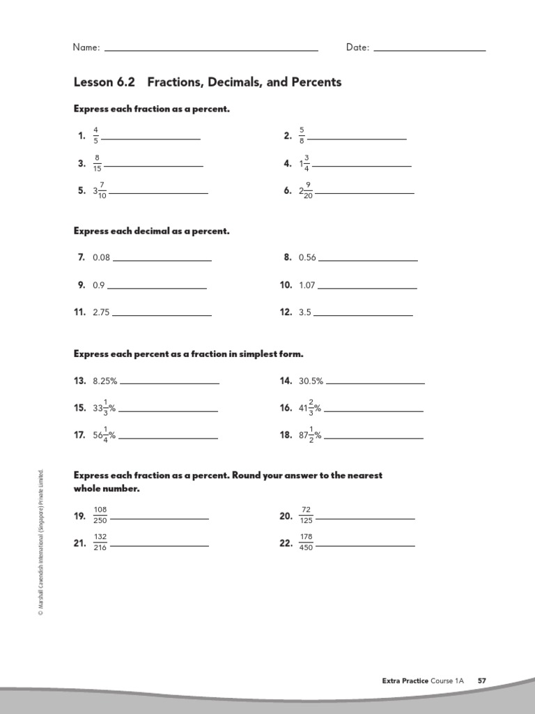 6.2 Fractions, Decimals, and Percent - Additional Practice PDF | PDF ...