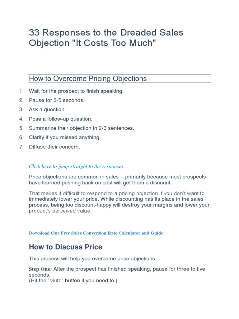 33 Responses To The Dreaded Sales Objection | PDF | Prices | Pricing