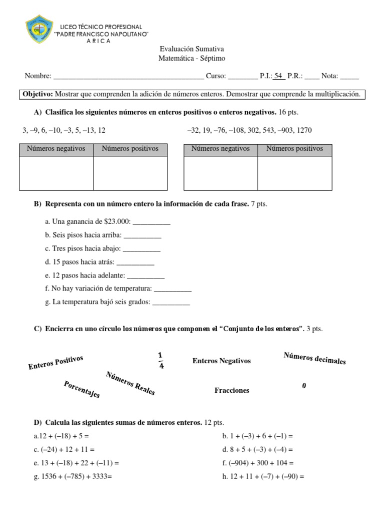 Evaluacion Matematica Septimo | PDF | Entero | Multiplicación