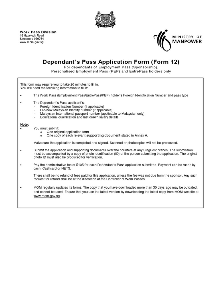 Dependant's Pass Application Form (Form 12) | Download Free PDF | Identity Document | Hiv/Aids