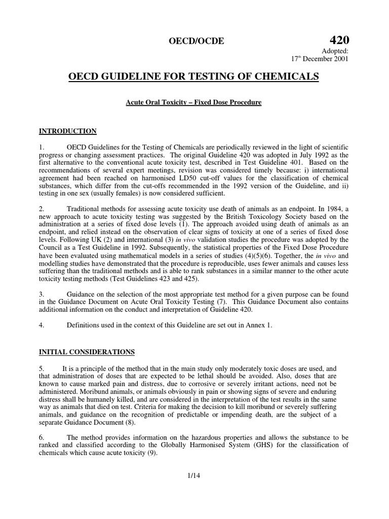 OECD-Acute Oral Toxicity-Fixed Dose Procedure 420 | PDF | Toxicity ...