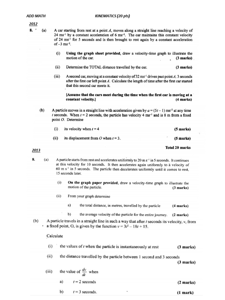 Add Math KINEMATICS (20 PTS) 2012 | PDF