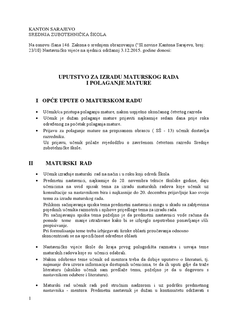 Uputstvo Za Izradu Maturskog Rada Szs | PDF