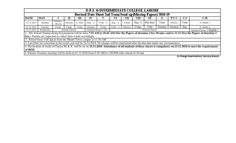 D.P.S. & Intermediate College, Lahore Revised Date Sheet 2nd Term/Send Up (Missing Papers) 2018 ...
