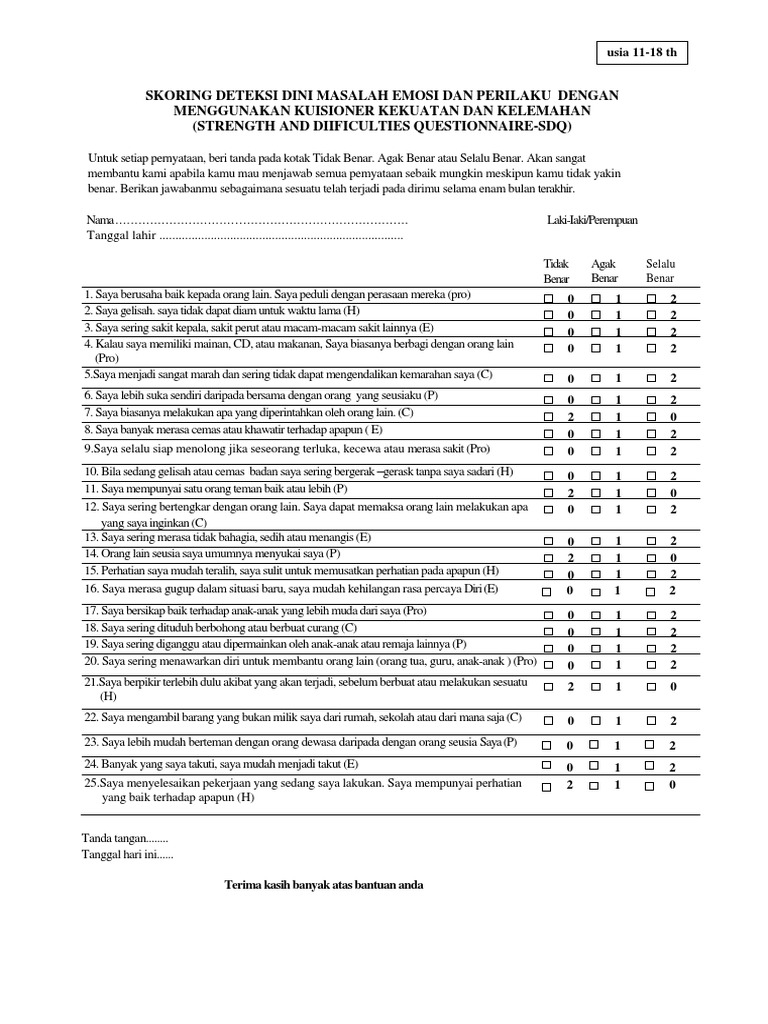 Instrumen SDQ Dan Skoring | PDF