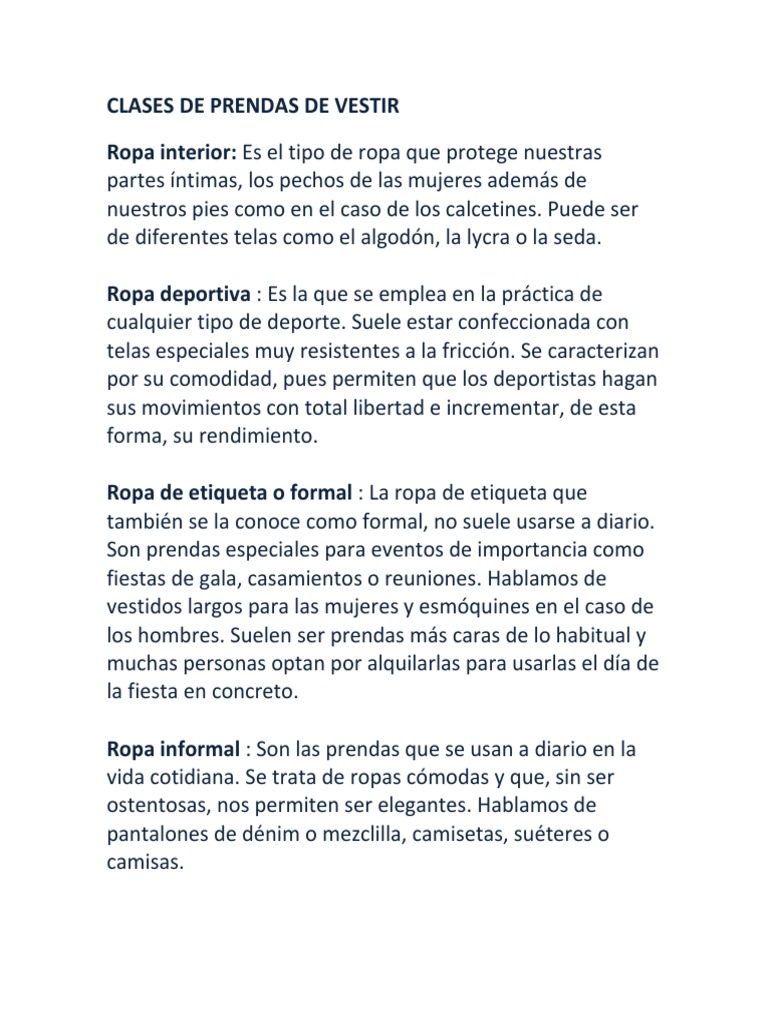 Clases de Prendas de Vestir | PDF