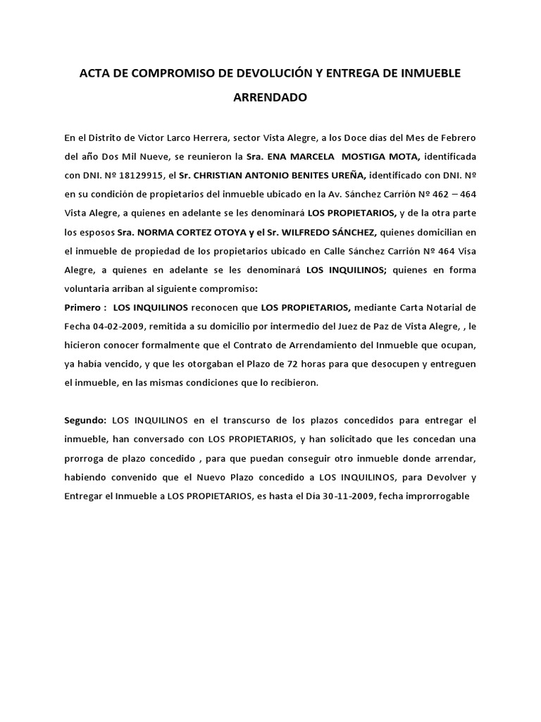Acta De Compromiso De Devolucion Y Entrega De Inmueble Arrendado Pdf
