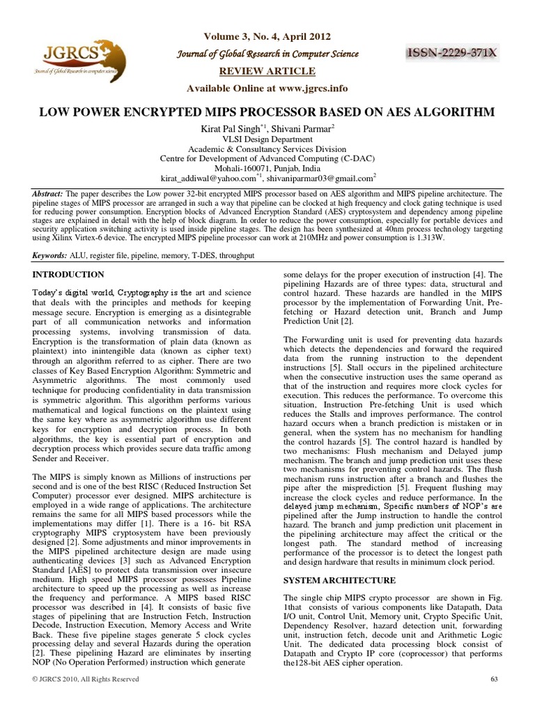 MIPS Based On AES | PDF | Central Processing Unit | Cryptography