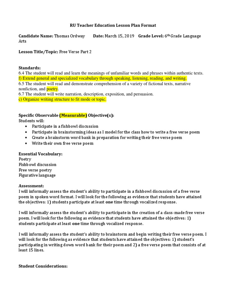 6th Grade Free Verse Poetry Lesson Plan | PDF | Poetry | Psychological ...