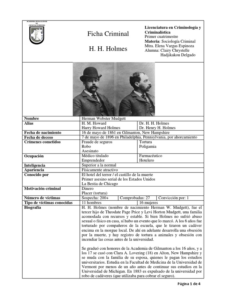 Ficha H H Holmes | PDF | Criminología | Justicia penal