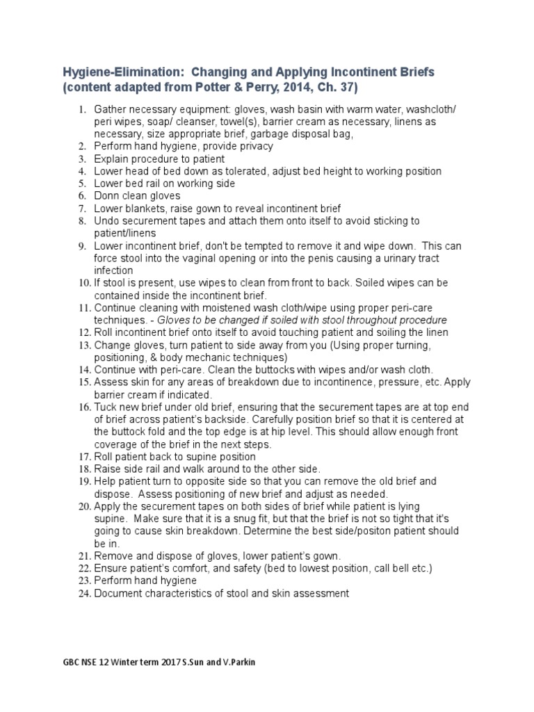 Incontinence Brief Change Procedure | Download Free PDF | Urinary ...
