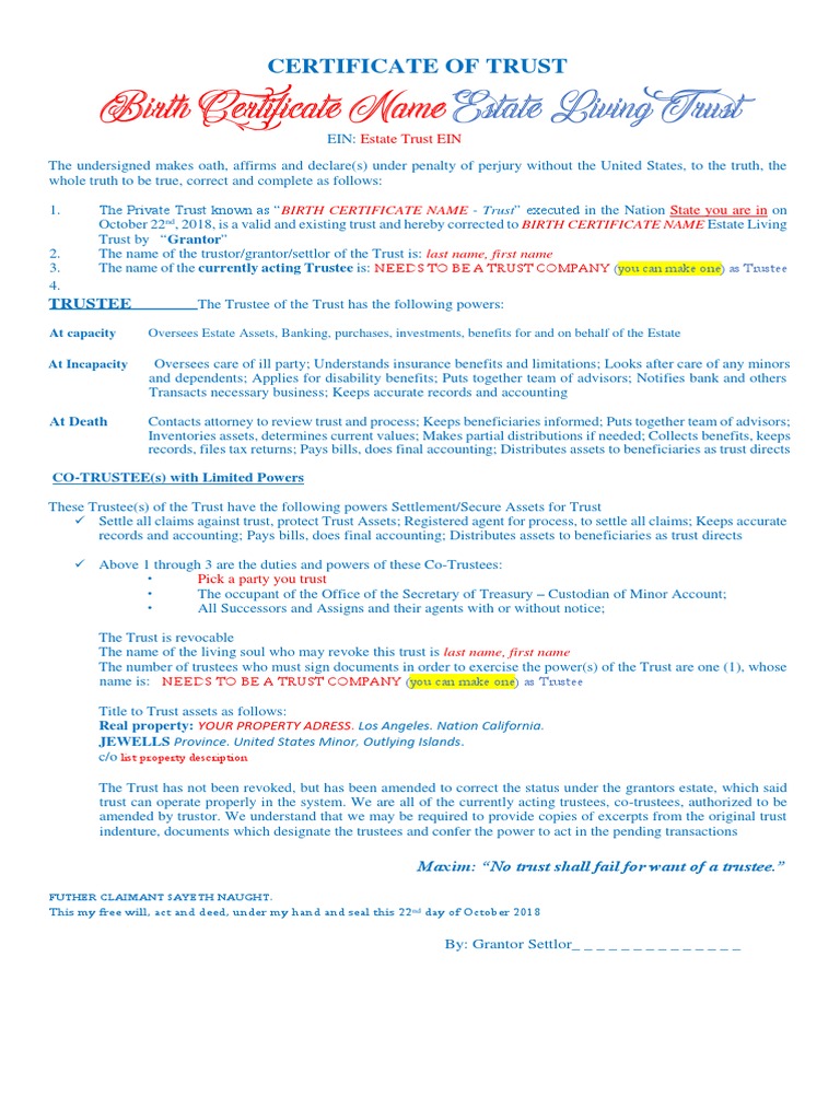 Certificate of Trust for Estate Account | PDF | Trust Law | Trustee