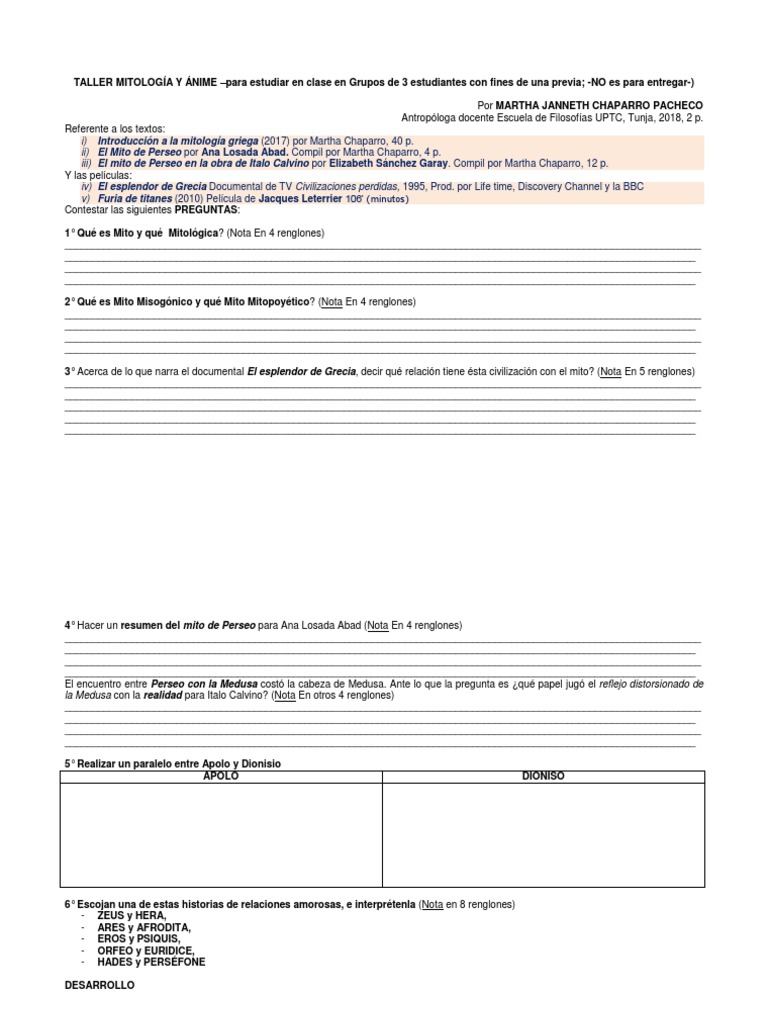 Taller Mitologia 2018 | PDF | Mitología griega | Dioniso