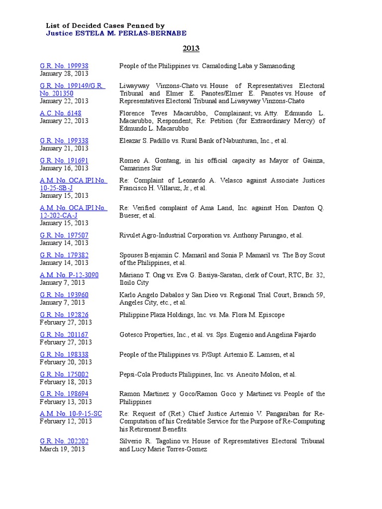 Justice Bernabe's 2013 Case List | PDF | Commission On Elections ...