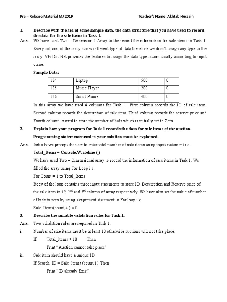 Computer Science Igcse Pre Release Task 1 Pdf Auction Array Data Structure