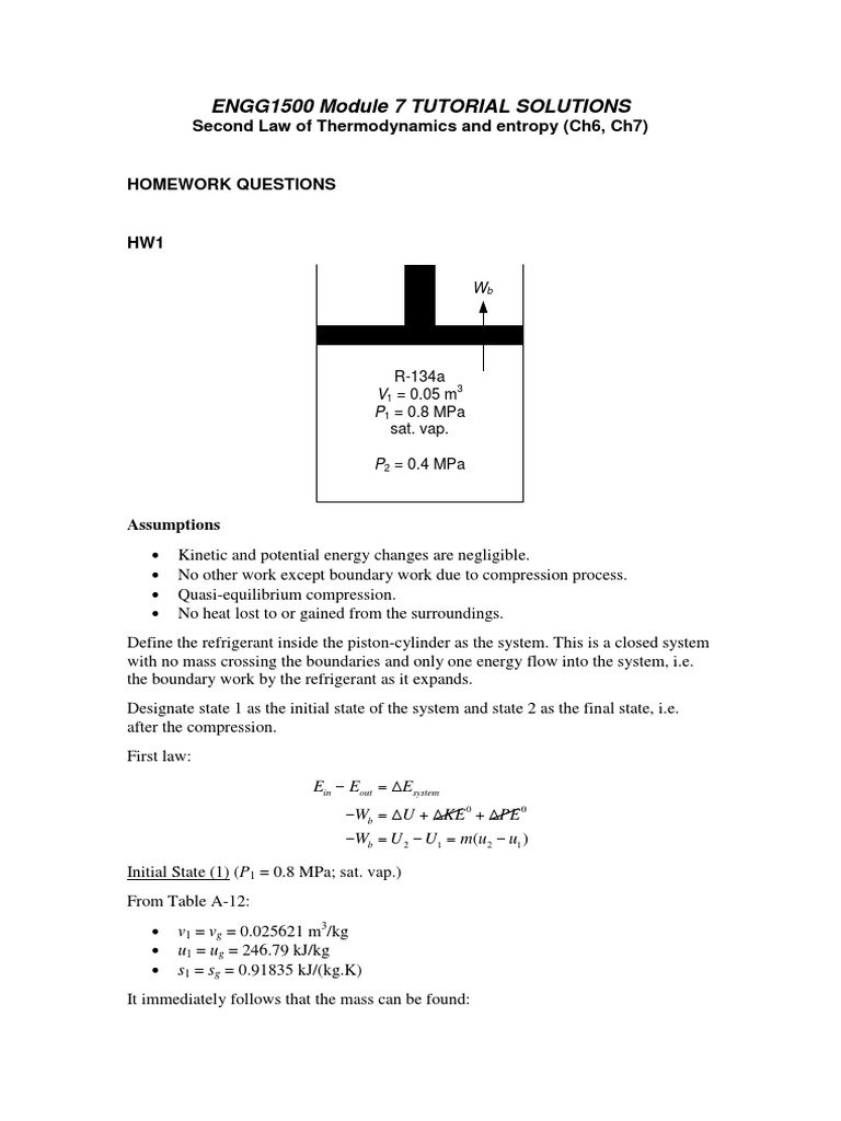 Engg1500 Module 7 Tutorial Solutions: Second Law of Thermodynamics and ...