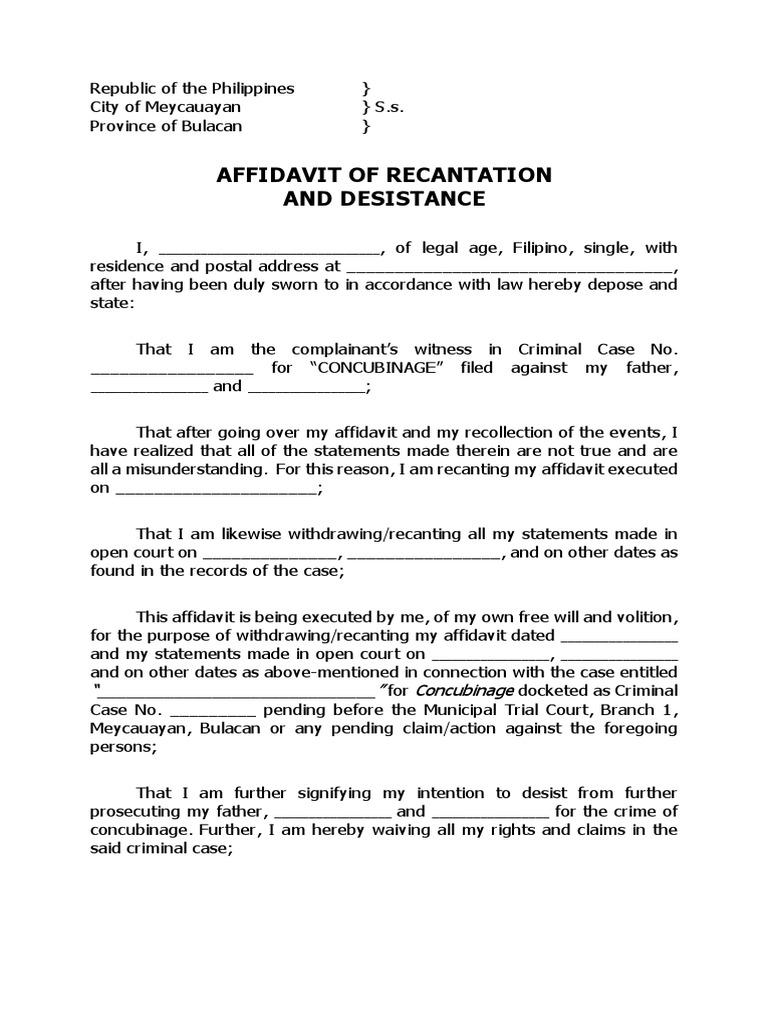Affidavit Recantation Concubinage | PDF | Affidavit | Witness