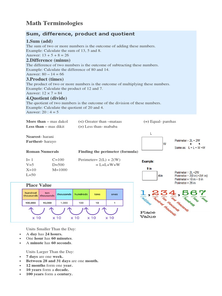 Math Terminologies: Sum, Difference, Product and Quotient 1.sum (Add ...