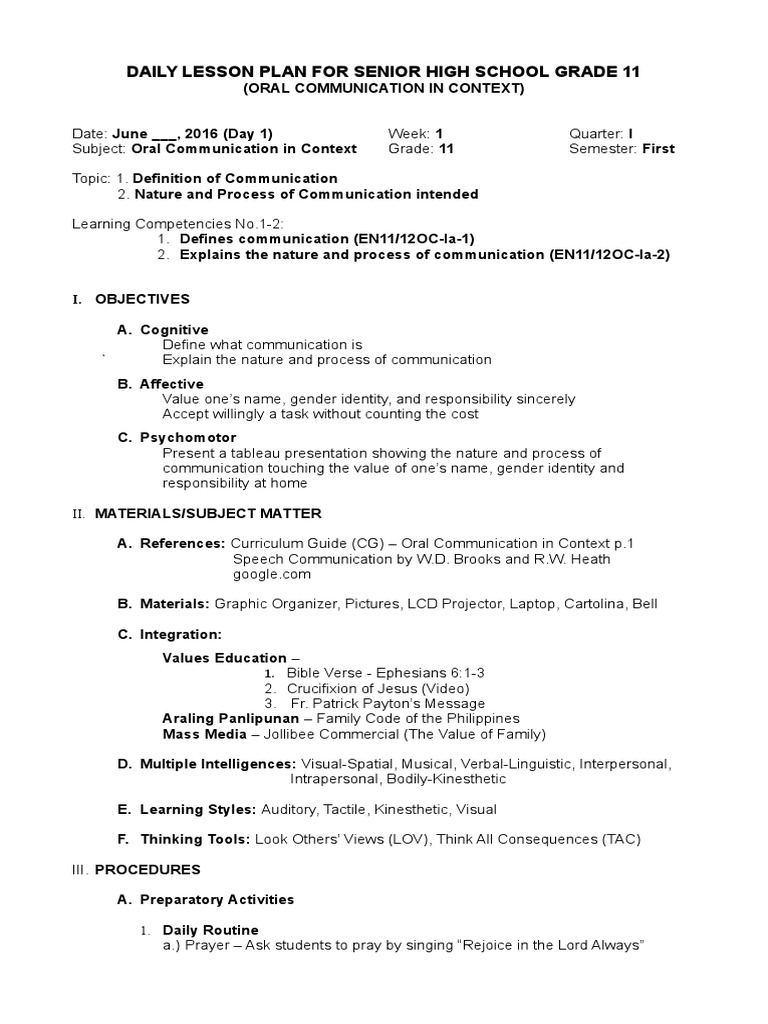 Lesson Plan Oral Communication | PDF | Nonverbal Communication ...
