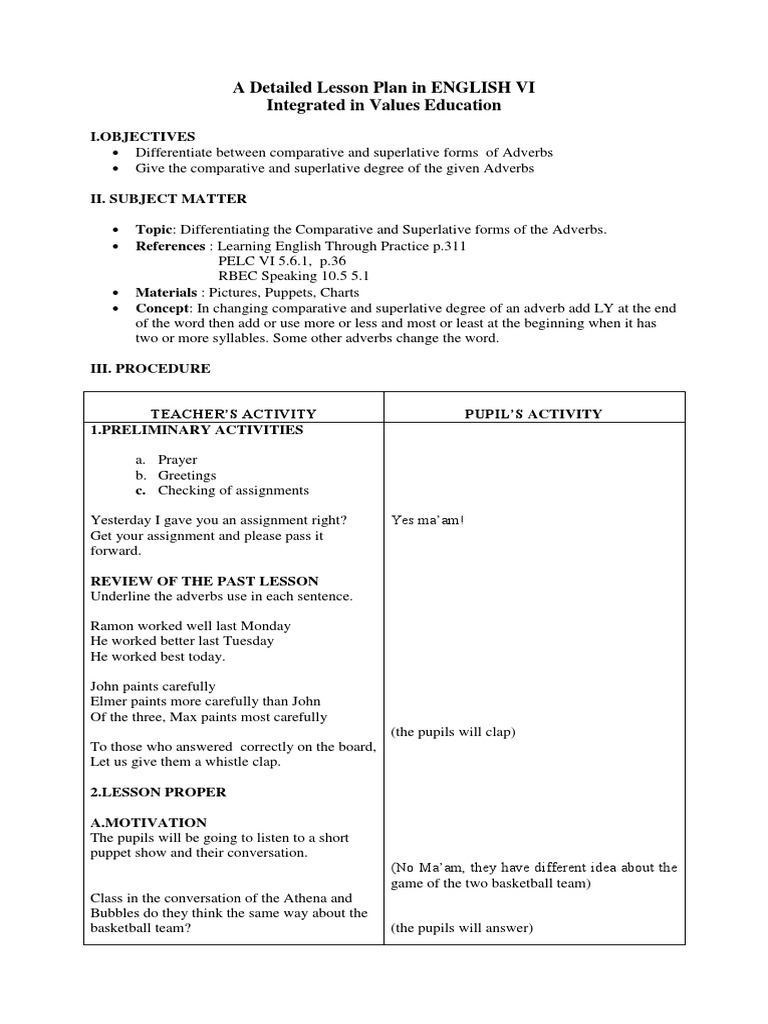 A Detailed Lesson Plan in ENGLISH VI Integrated in Values Education ...