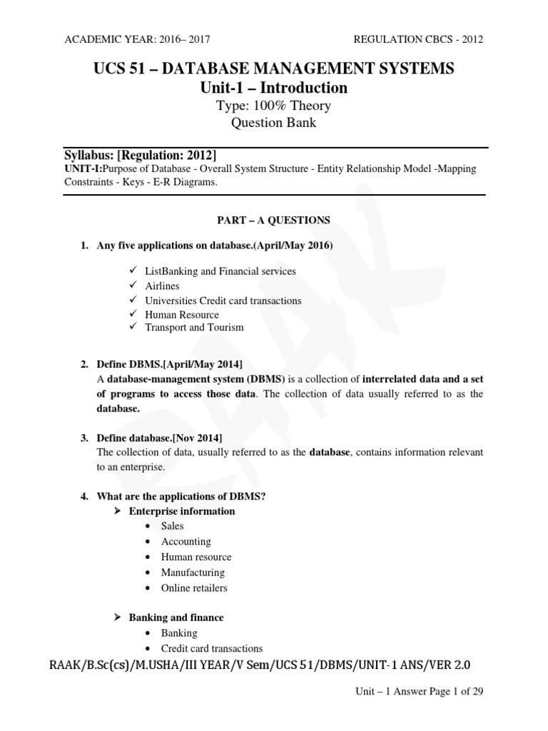 Ucs 51 - Database Management Systems Unit-1 - Introduction: Type: 100% ...