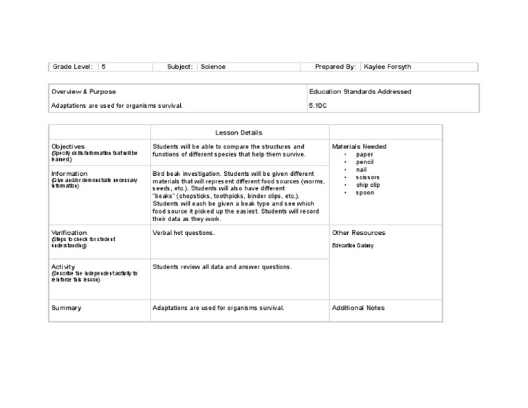 Grade Level: 5 Subject: Science Prepared By: Kaylee Forsyth: (Specify ...
