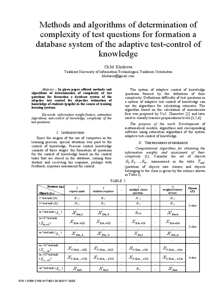 Methods and Algorithms of Determination of Complexity of Test Questions ...