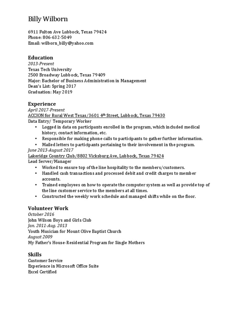 Billy Wilborn's Resume and Experience | PDF | Career & Growth