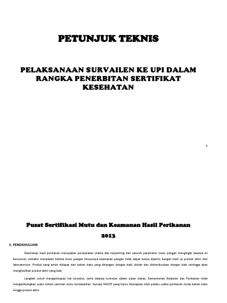 Petunjuk Teknis Survailen Unit Pengolahan Ikan untuk Penerbitan Sertifikat Kesehatan | PDF
