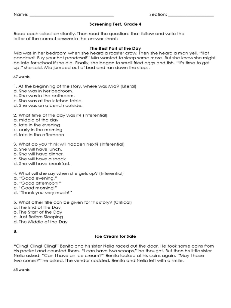 Screening Test, Grade 4: 67 Words | PDF | Coral Reef | Sea