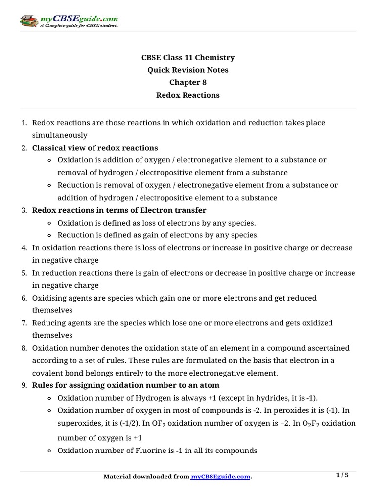 11 Chemistry Notes Ch08 Redox Reaction | PDF | Redox | Electrochemistry
