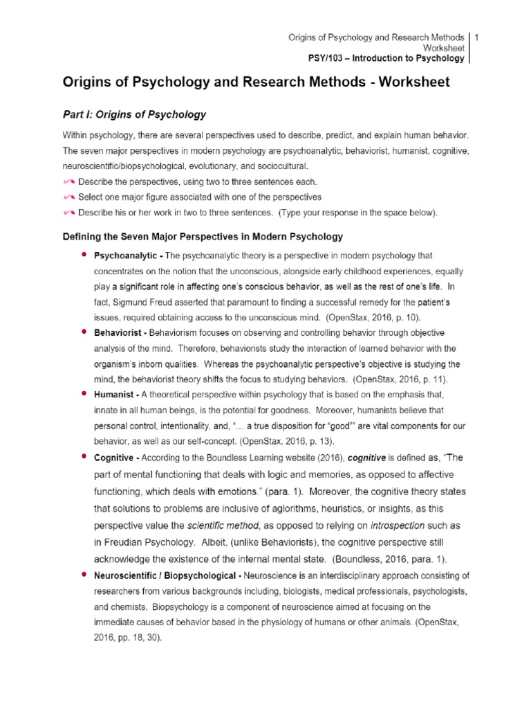 PSY103 - Origins of Psychology and Research Methods - Worksheet | PDF ...