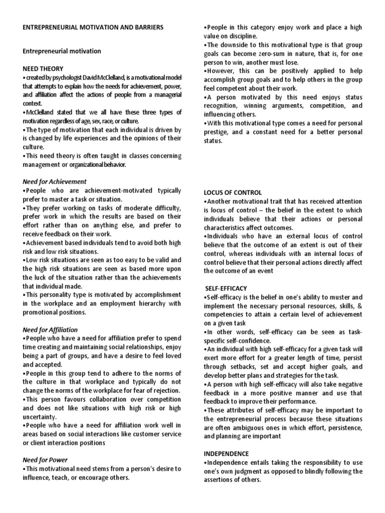 Entrepreneurial Motivation and Barriers | PDF | Motivation | Motivational