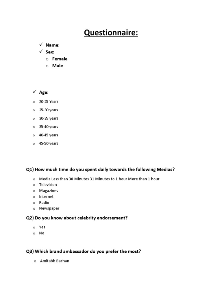 Questionnaire:: Name: Sex: o Female o Male | PDF