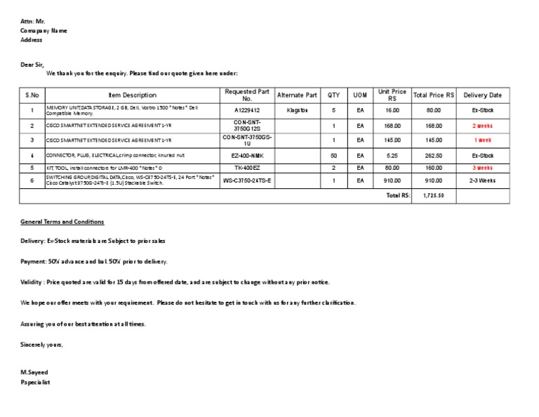 S.No Item Description Alternate Part QTY UOM Total Price RS Delivery ...