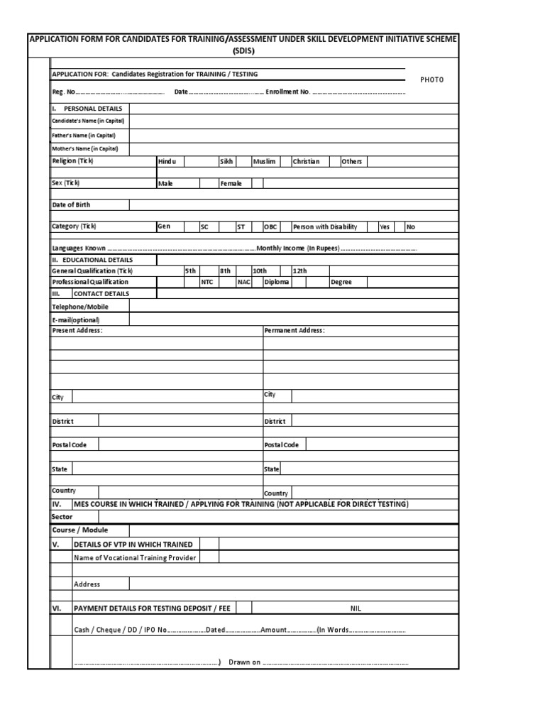 Photo: Application Form For Candidates For Training/Assessment Under ...