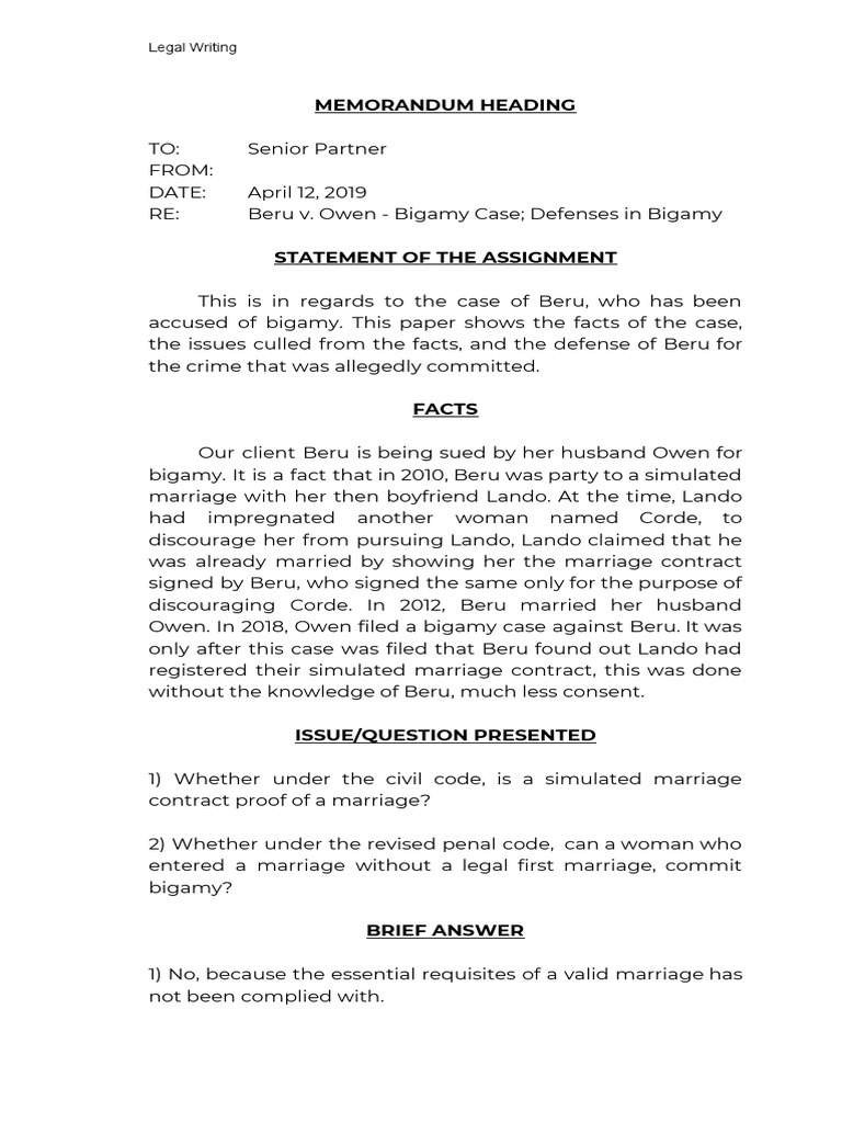 Memorandum Heading: Legal Writing | PDF | Marriage | Criminal Law
