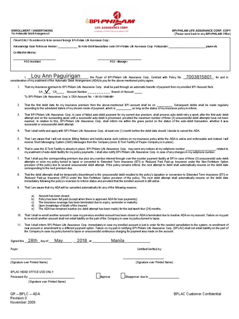 ENROLLMENT UNDERTAKING FOR AUTOMATIC DEBIT | PDF | Life Insurance ...