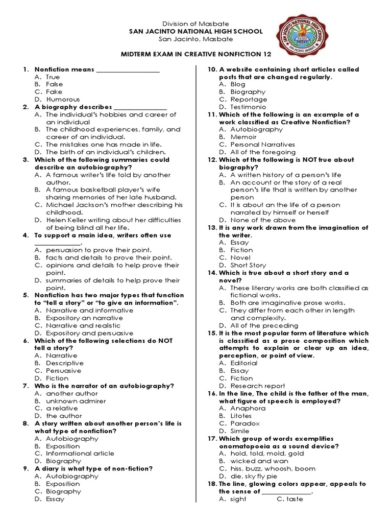 Grade 12 Creative Nonfiction Exam | PDF | Creative Nonfiction | Narrative