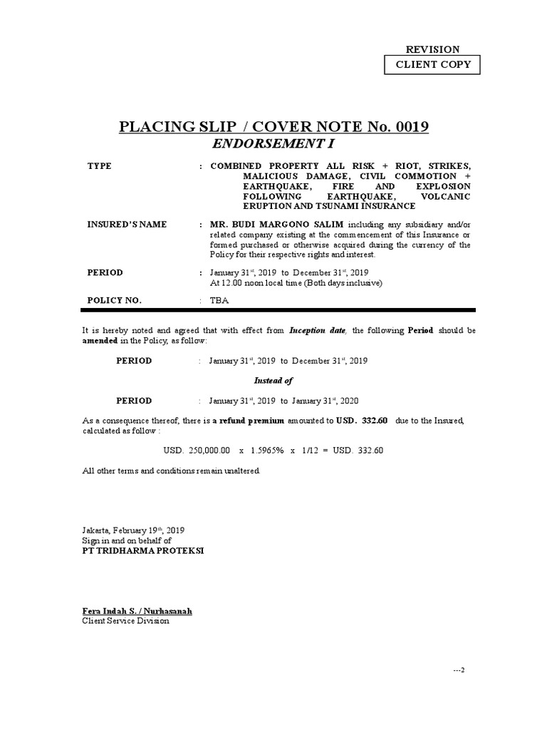Placing Slip / Cover Note No - 0019: Endorsement I | PDF | Insurance ...