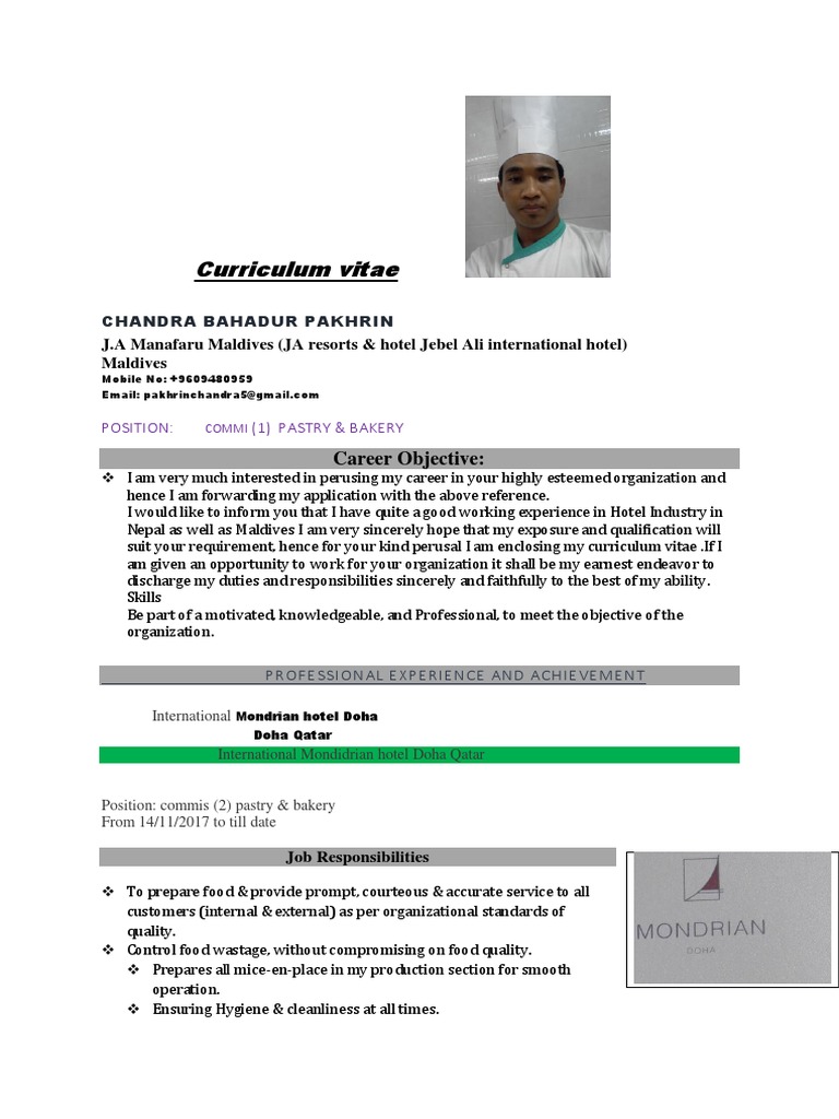 Pastry & Bakery Commis CV | PDF | Menu | Chef