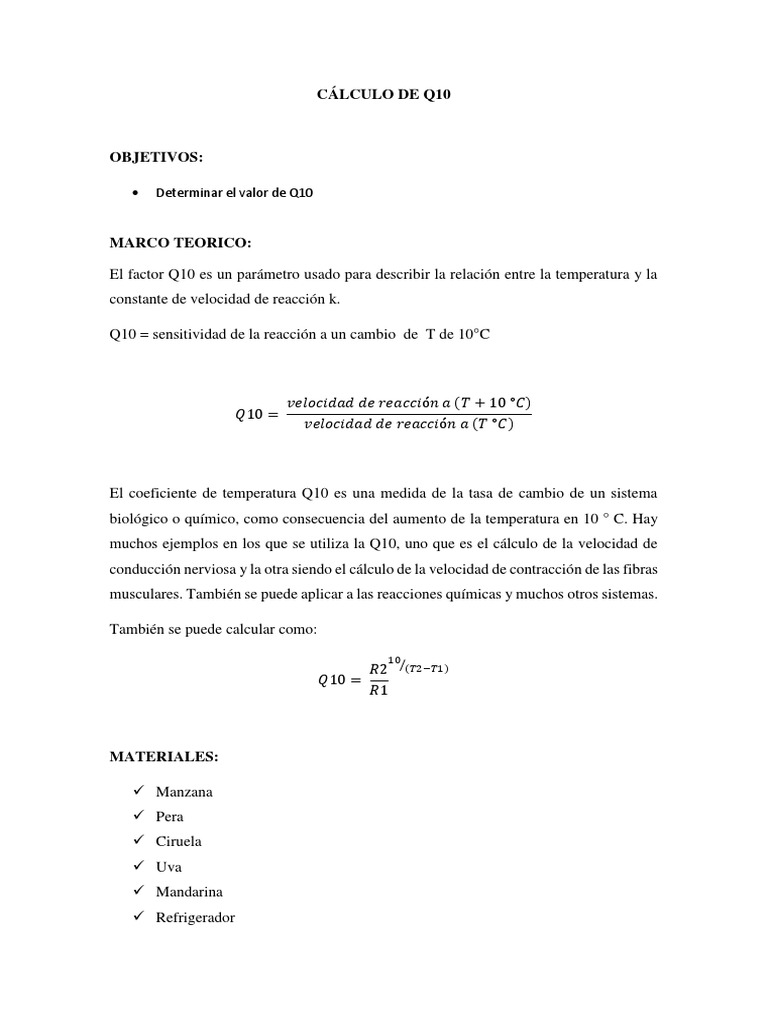 Cálculo de q10 | PDF | Reacciones químicas | Temperatura
