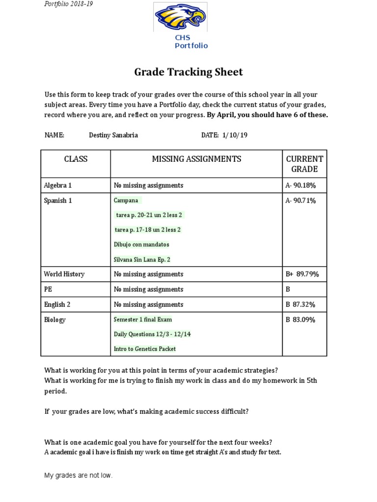 2018 Grade Tracking Sheet 4 | PDF