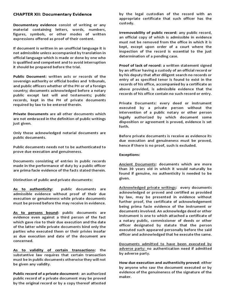 CHAPTER XII: Documentary Evidence | PDF | Evidence | Notary Public