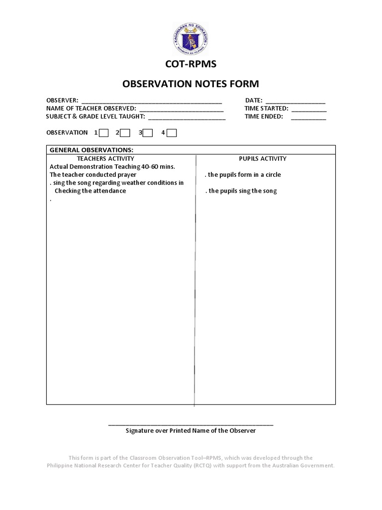 Cot-Rpms Observation Notes Form: General Observations | PDF