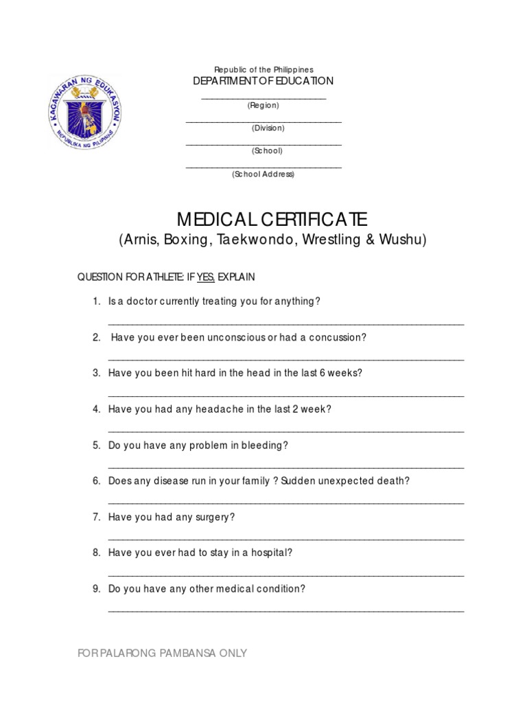 Medical Certificate for Student Athletes Participating in Martial Arts ...