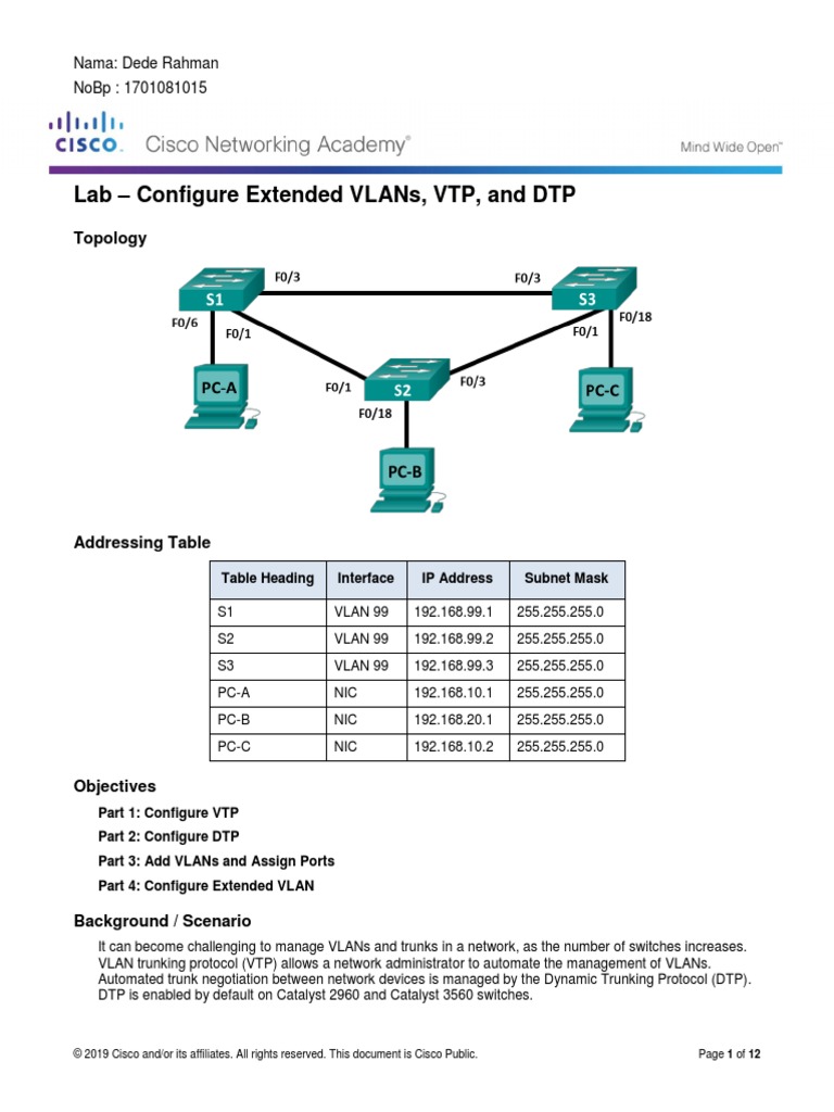 2.1.4.5 Lab - Configure Extended VLANs, VTP, and DTP | PDF | Network Switch | Cisco Certifications